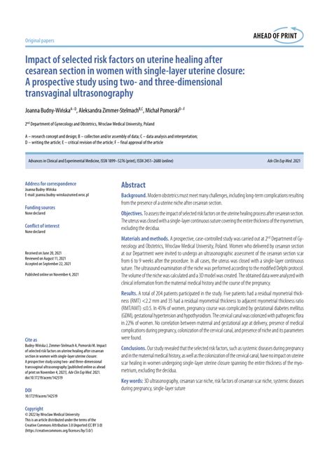 Pdf Impact Of Selected Risk Factors On Uterine Healing After Cesarean Section In Women With