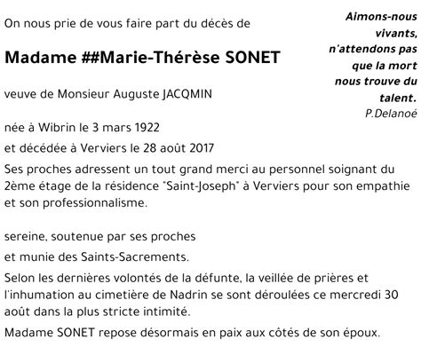 Avis De Décès De Marie Thérèse Sonet Décédé Le 28082017 à Verviers