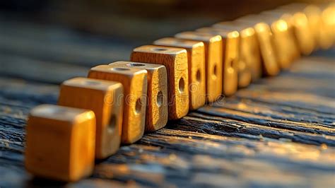 Collapsing Wooden Dominoes In Sequence On Rustic Surface Creating Tension Stock Illustration
