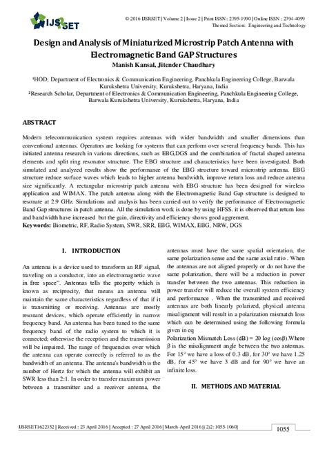 Pdf Design And Analysis Of Miniaturized Microstrip Patch Antenna With Electromagnetic Band Gap