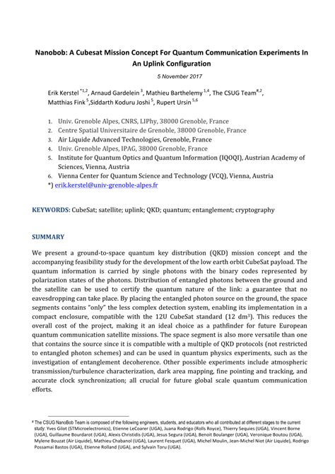 Pdf Nanobob A Cubesat Mission Concept For Quantum Communication Experiments In An Uplink