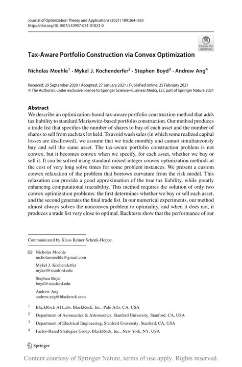 Tax Aware Portfolio Construction Via Convex Optimization Request Pdf