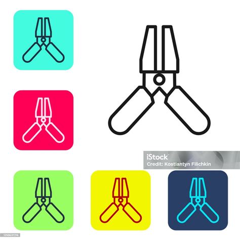 흰색 배경에 격리 된 블랙 라인 자동차 배터리 배터리 점퍼 전원 케이블 아이콘 색상 정사각형 단추로 아이콘을 설정합니다 벡터 일러스트레이션 개발에 대한 스톡 벡터 아트 및