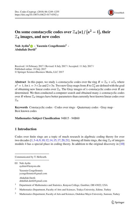 Pdf On Some Constacyclic Codes Over Mathbb Z 4 Left Uright Leftlangle U 2 1