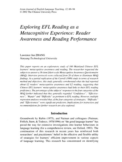 Pdf Exploring Efl Reading As A Metacognitive Experience Reader Awareness And Reading Performance