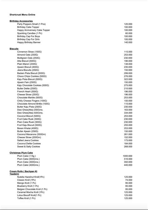 Menu Of Short Crust Sector 23 Dwarka New Delhi