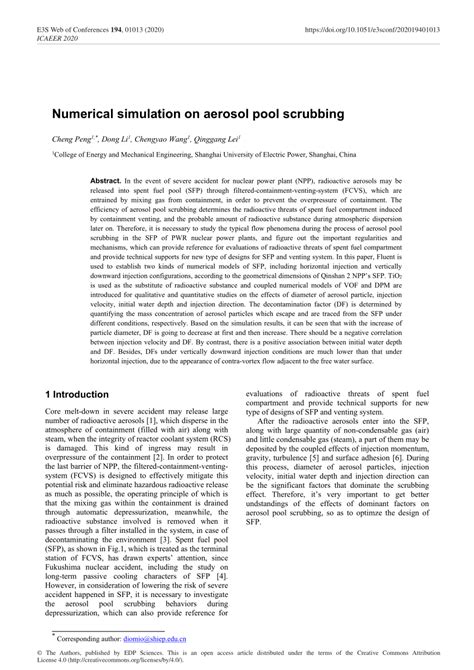 Pdf Numerical Simulation On Aerosol Pool Scrubbing