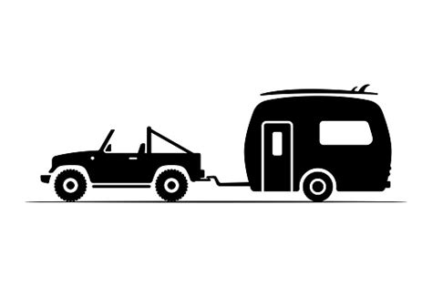 트레일러 아이콘이 있는 오프로드 차량 캠핑카 서핑 보드 블랙 실루엣 측면 보기 벡터 간단 평면 그래픽 Illustration 흰색 배경에 고립 된 개체입니다 격리 4x4