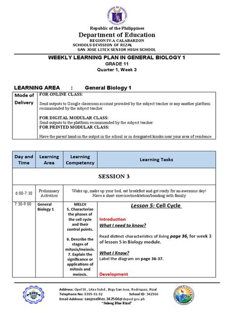 weekly learning plan general biology 1 first quarter week 3 pdf