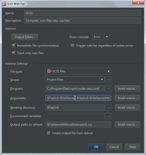 Nodejs Sass Filewatcher For Webstorm Stack Overflow