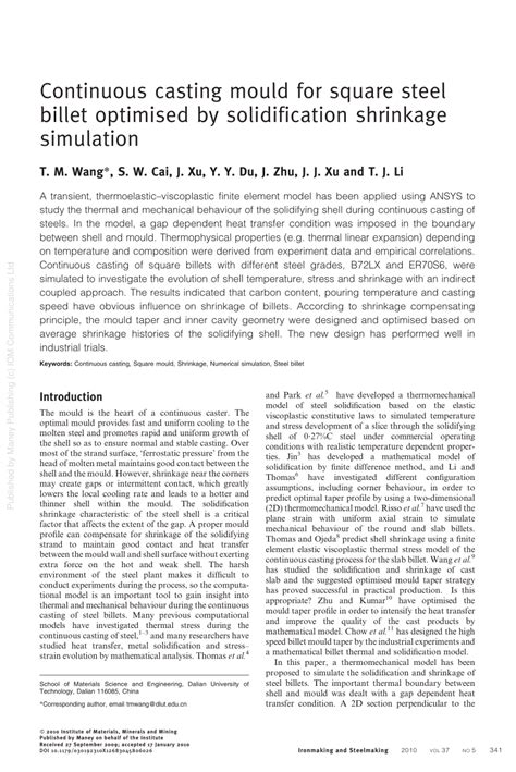 Pdf Continuous Casting Mould For Square Steel Billet Optimised By Solidification Shrinkage