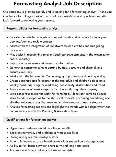 Forecasting Analyst Job Description Velvet Jobs