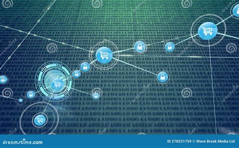 animation of network of digital icons and binary coding against blue