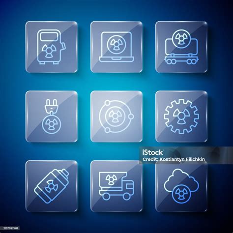 세트 라인 원자력 배터리 방사선 물질 산성비 및 방사능 구름 방사성 화물 열차 방사선 전기 플러그 전기 충전소 및 아이콘이 있는 트럭 벡터 교육 강좌에 대한 스톡 벡터 아트