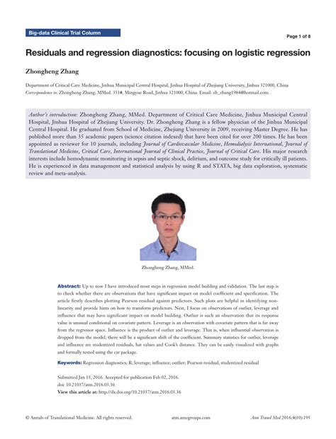 Pdf Residuals And Regression Diagnostics Focusing On Logistic Regression