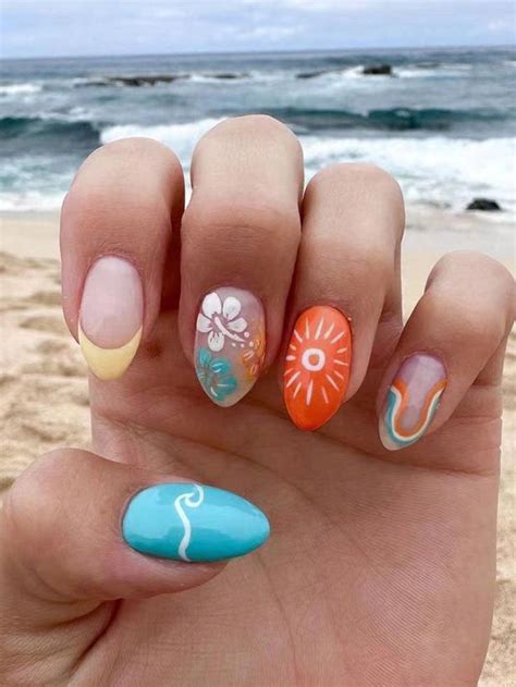 24 Piecesset Almond Shaped Summer Sun Wave Flower Striped Fake Nails