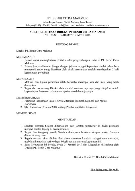 Contoh Surat Keputusan Demosi Jabatan Contoh Surat Riset