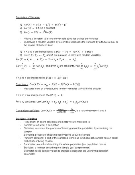 Econometrics Final Study Guide Condensed Properties of Variance 𝑉𝑎𝑟 𝑋 𝐸 𝑋 μ 2 𝐸 𝑥 2