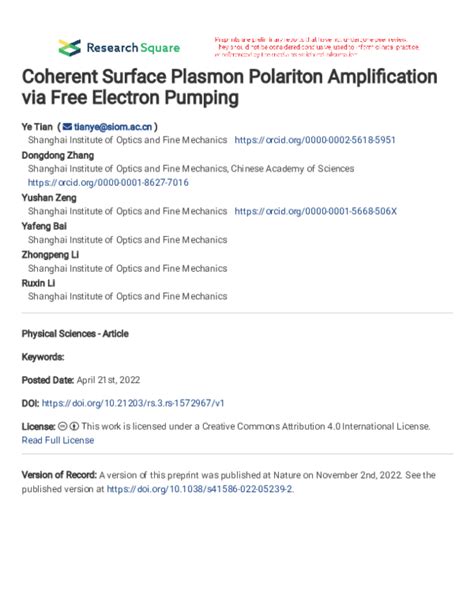 Pdf Coherent Surface Plasmon Polariton Amplification Via Free Electron Pumping Yushan Zeng