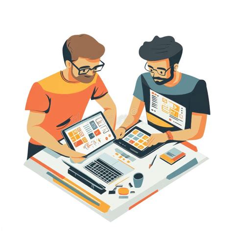 Two Designers Collaborate On Ui Ux Design Project Using Tablets And Laptop Isolated On White