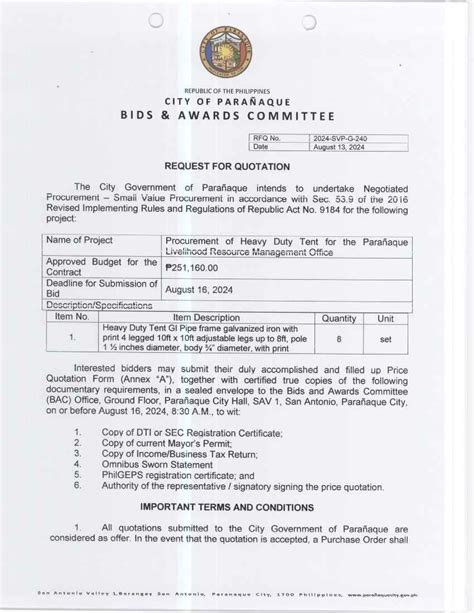 Request For Quotation Reference No 11143513 City Government Of ParaÑaque