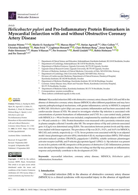 Pdf Helicobacter Pylori And Pro Inflammatory Protein Biomarkers In Myocardial Infarction With