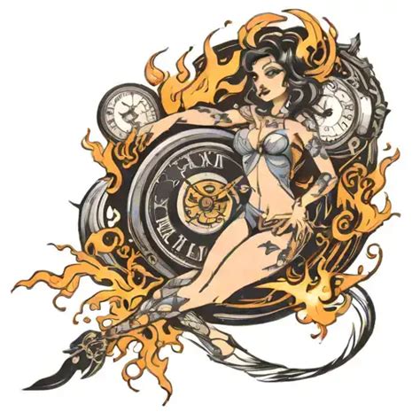 Neo Traditional Sexy Girl Fire Clock Tattoo Blackink Ai