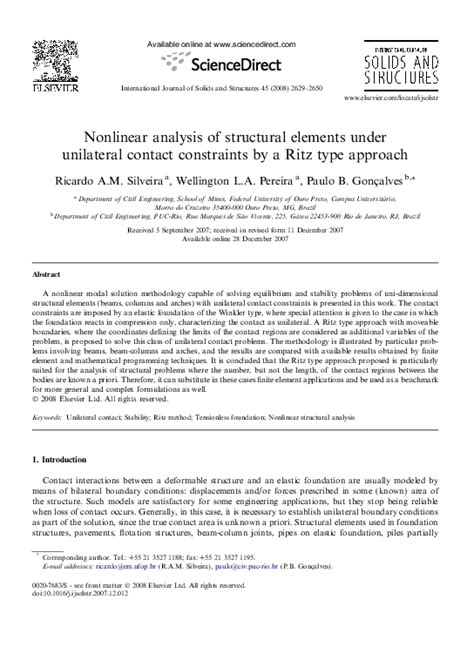 Pdf Nonlinear Analysis Of Structural Elements Under Unilateral Contact Constraints By A Ritz