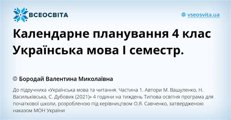 Календарне планування 4 клас Українська мова І семестр КТП Українська мова