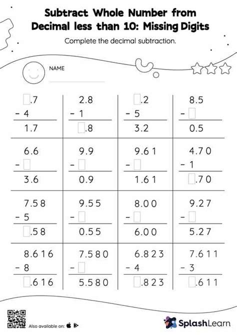 Subtract Whole Number From Decimal Less Than 10 Missing Digits Worksheet