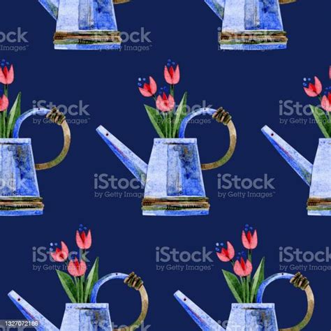 수채화 금속 수분이있는 매끄러운 패턴이 가능합니다 물 캔에 붉은 튤립의 꽃다발 진한 파란색 배경의 텍스처입니다 섬유 인쇄 포장 벽지 직물 종이에 이상적입니다 0명에 대한