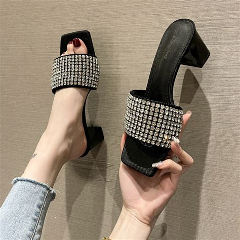 여성용 오픈 토 라인석 청키 힐 럭셔리 브랜드 디자이너 신발 사무실 섹시한 레이디 슬리퍼 여름 2022 신상