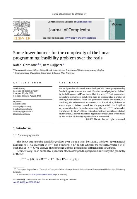 Pdf Some Lower Bounds For The Complexity Of The Linear Programming Feasibility Problem Over