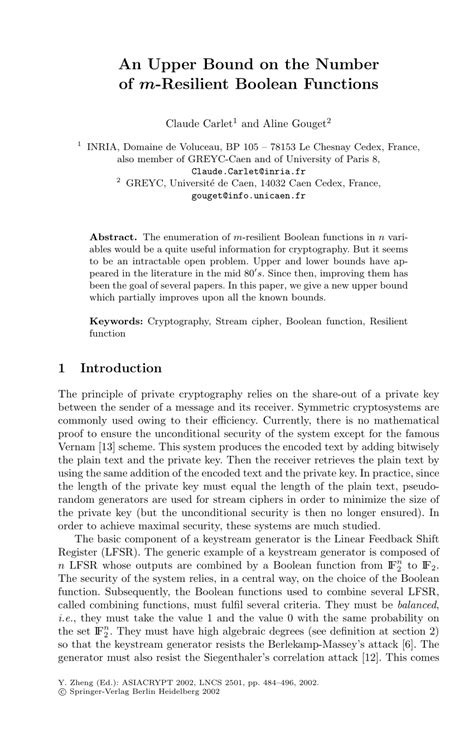 Pdf An Upper Bound On The Number Of M Resilient Boolean Functions