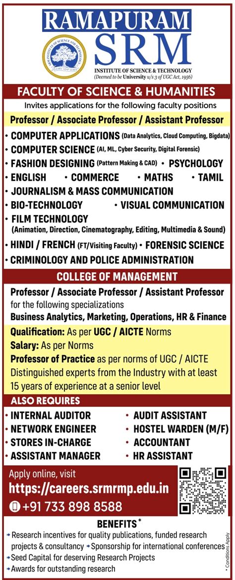 Teaching And Non Teaching Jobs At Srm Institute Of Science And Technology Ramapuram Campus