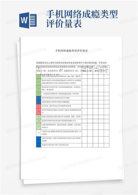 手机网络成瘾类型评价量表word模板下载编号lmnkeanw熊猫办公