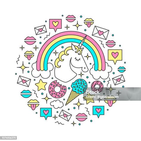 유니콘 무지개 구름 별 아이스크림 도넛 메시지 입술과 벡터 일러스트 만화 스타일 귀여운 캐릭터 원 구성 T 셔츠에 대한 스톡 벡터 아트 및 기타 이미지 Istock