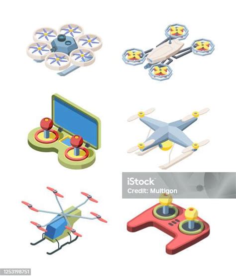 비행 드론 세트 제어판 세련 된 미래 지향적 인 디자인 쿼드로 콥터 무선 전송 전기 배터리화물 배달 촬영을위한 현대적인 로봇 장치 혁신적인 벡터 Multicopter에 대한