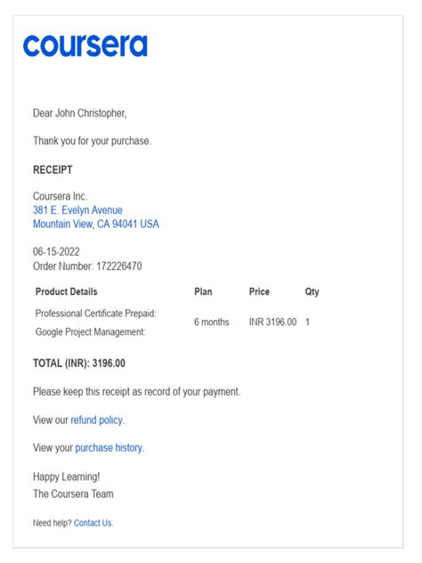 Courseera Receipt Pdf