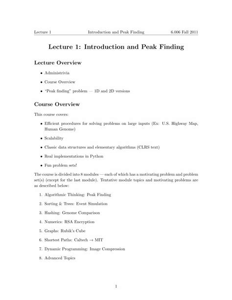 Pdf Lecture 1 Introduction And Peak Finding · Lecture 1 Introduction And Peak Finding 6006