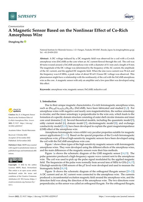 Pdf A Magnetic Sensor Based On The Nonlinear Effect Of Co Rich Amorphous Wire