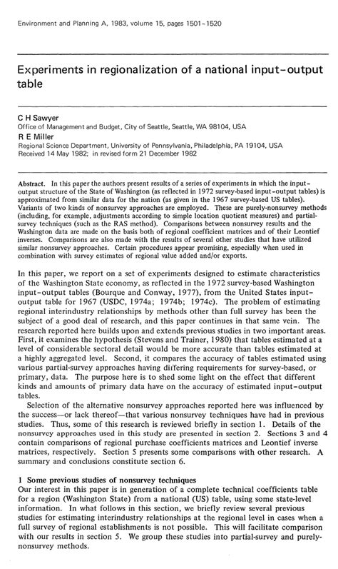 Pdf Experiments In Regionalizing Of A National Input Output Table