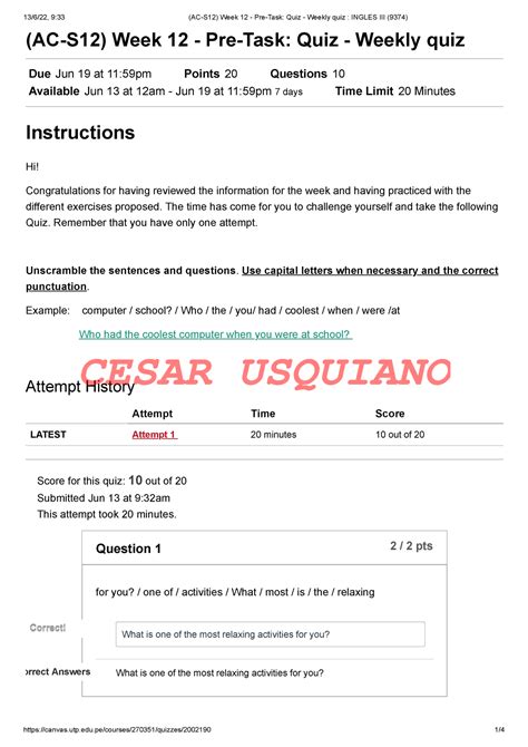 AC S Week Pre Task Quiz Weekly Quiz Ingles III AC S Week Pre Task