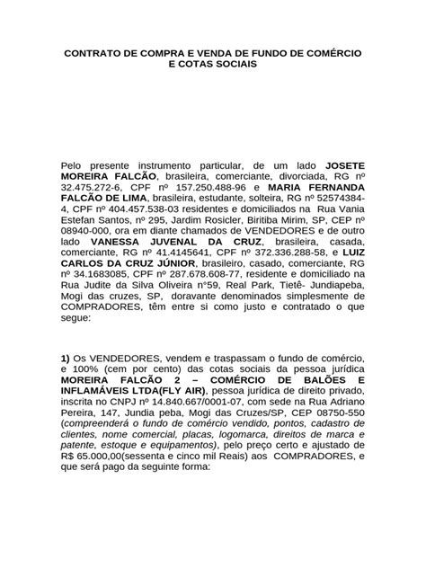 Contrato De Compra E Venda De Fundo De ComÉrcio E Cotas Sociais Falcão