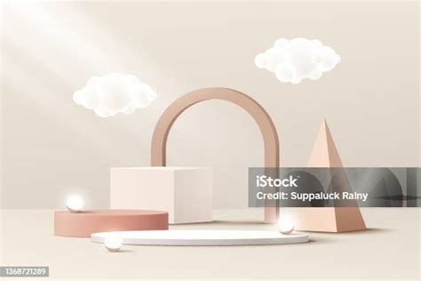 추상적 인 사실적 3d 화이트 크림과 베이지 색 단계 실린더 받침대 연단 세트 파스텔 최소 벽 장면 화장품 디스플레이 프리젠 테이션 벡터 기하학적 렌더링 플랫폼 설계 입체
