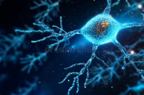 Illuminated Neural Cell On Dark Background Showcasing Synaptic Connections Stock Illustration