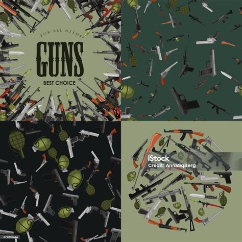 군사 총 자동 설정 및 보호 Shoting 또는 전쟁 컬렉션에 대 한 총알 사냥 장비 탄약 배경 벡터 일러스트 레이 션에 대 한 권총 잡지 배럴에서 무기를 손 개체 그룹에
