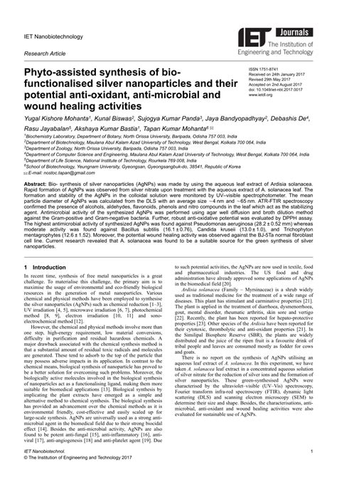 Pdf Phyto Assisted Synthesis Of Bio Functionalized Silver Nanoparticles And Their Potential