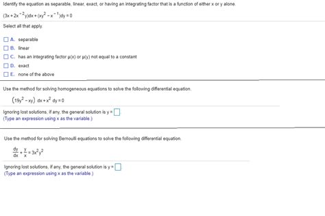 Solved Identify The Equation As Separable Linear Exact Or