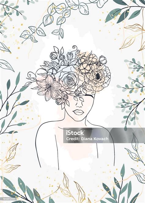 꽃 나뭇잎 라인 아트의 모양이 있는 여자 그림의 카드 부드러운 실루엣 어린 소녀 꽃다발 붓 물방울 물감 여성 초상화 꽃 벡터 그림입니다 인사말 초대장 기하 도형에 대한 스톡